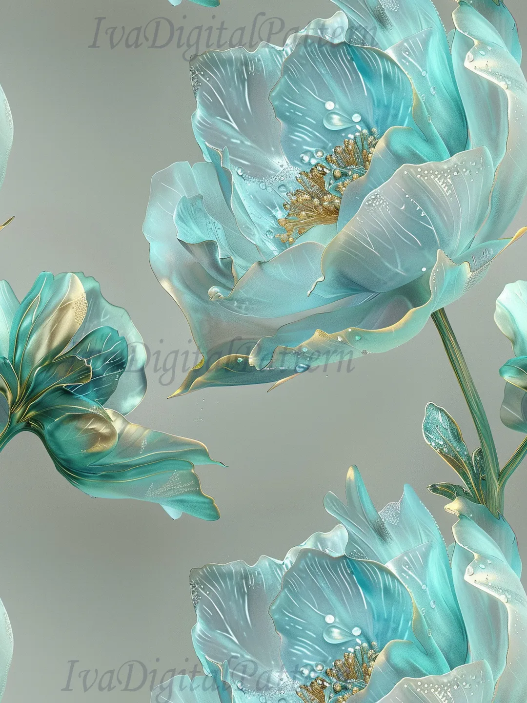 Seamless watercolor blue peony pattern, digital paper, floral pattern ...