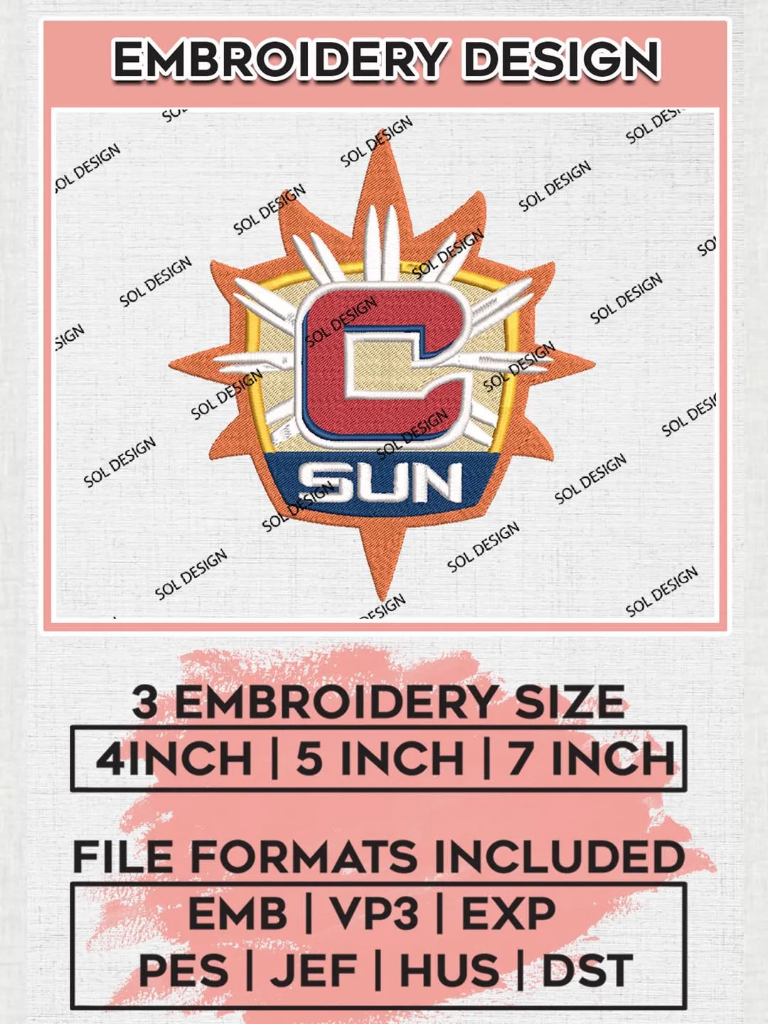 Connecticut Sun Team Logo Embroidery Files, WNBA Connecticut Sun Team ...