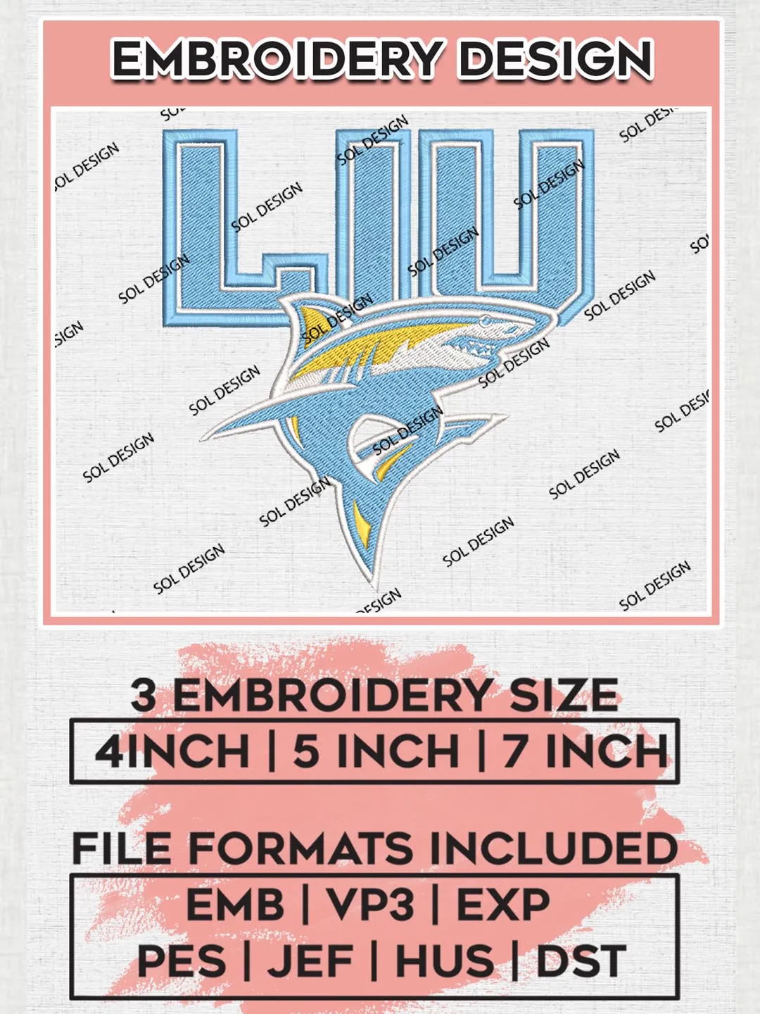 LIU Sharks Logos Embroidery Design Files, NCAA Logos Embroidery Designs ...