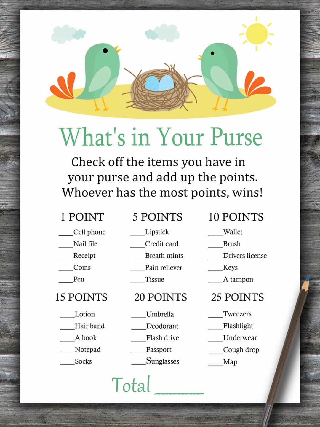 Birds What's in your purse game,Birds and nest Baby shower games ...