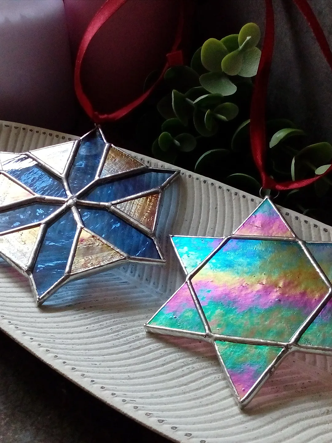Set of 2 snowflake suncatchers, christmas ornaments, simple stained ...