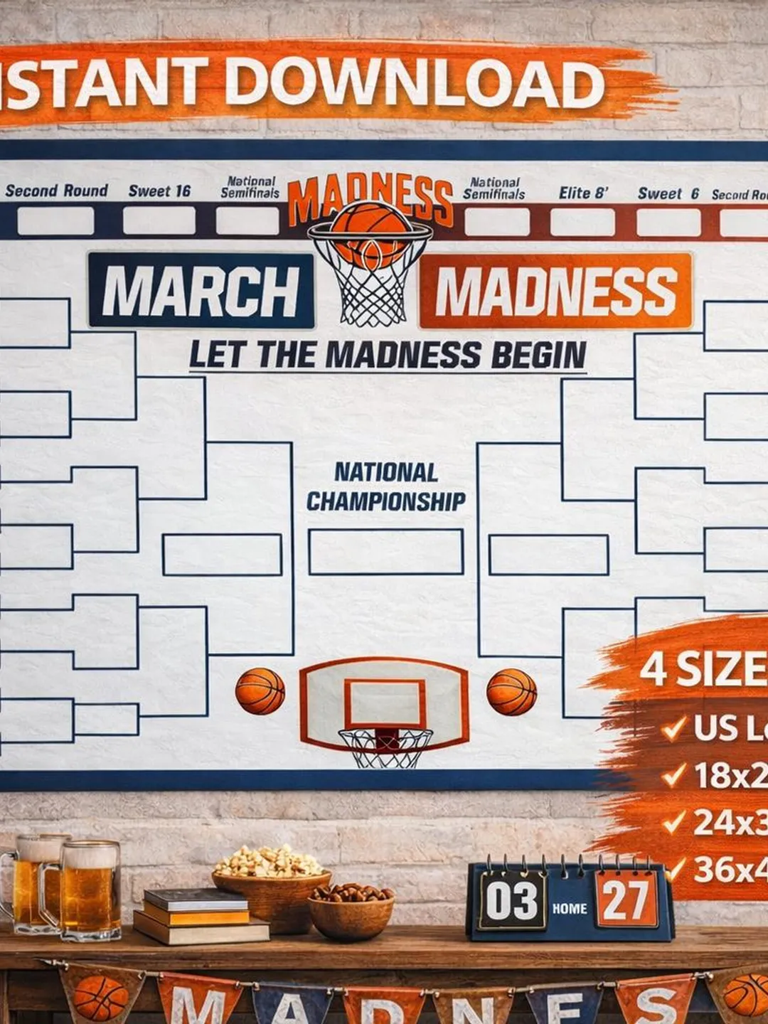 March Basketball Tournament Bracket 2026 Printable Large Poster ...