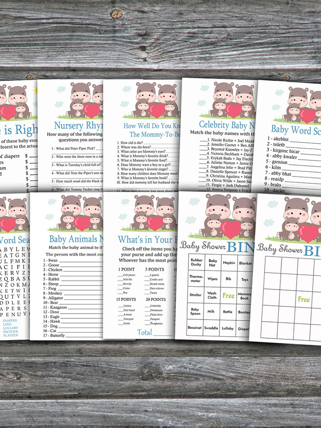 Cute Hippo baby shower games bundle,Safari Baby Shower games package ...