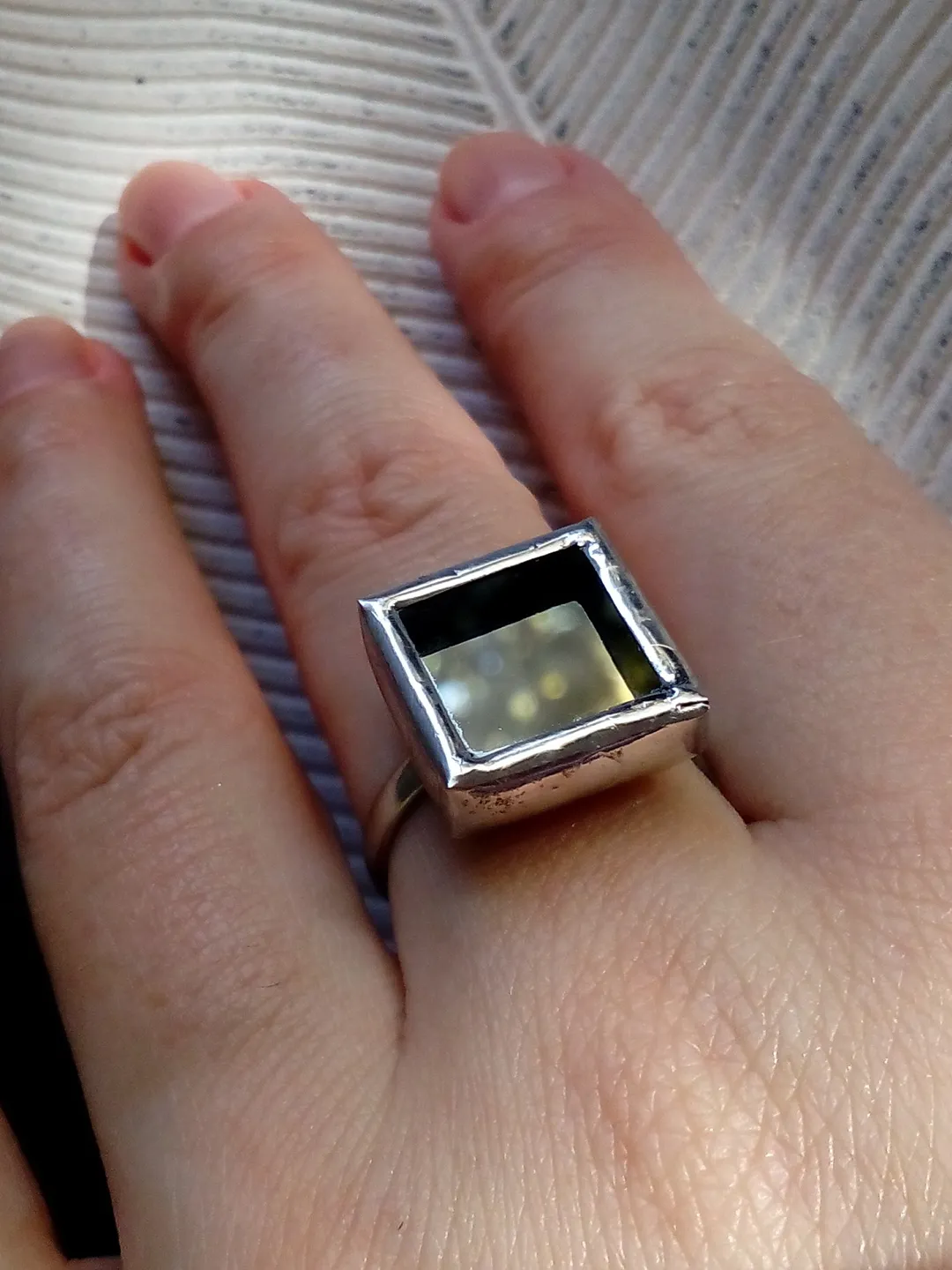 Mirror stained glass squar round triangular ring, tin soldered glass ...