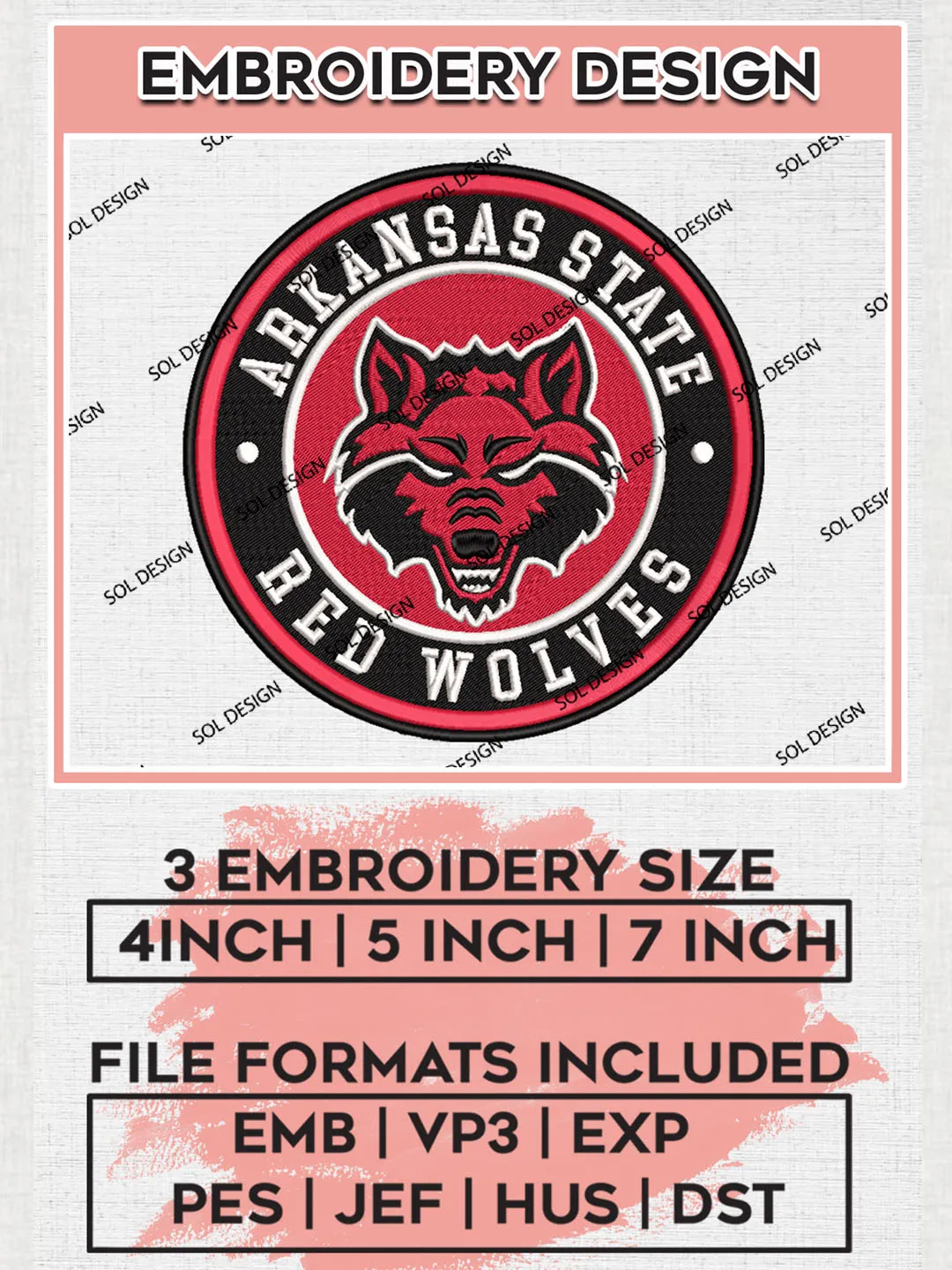 NCAA Arkansas State Red Wolves Round Logo Embroidery, NCAA Arkansas ...