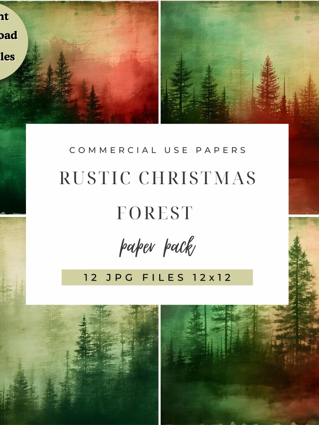 Rustic Christmas Forest Digital Paper Set, 12x12 Evergreen Tree ...