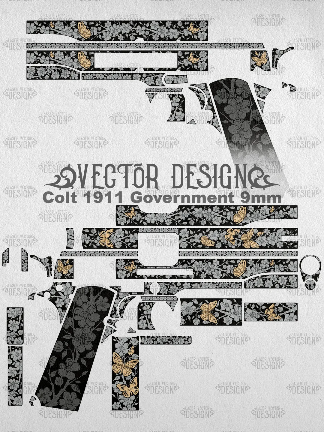 VECTOR DESIGN Colt 1911 government 9mm Sakura and butterflies