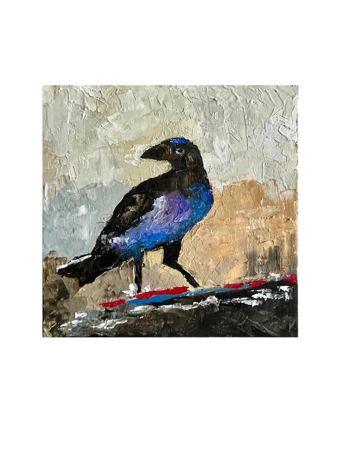 Raven bird painting acrylic abstract black blue crow artwork