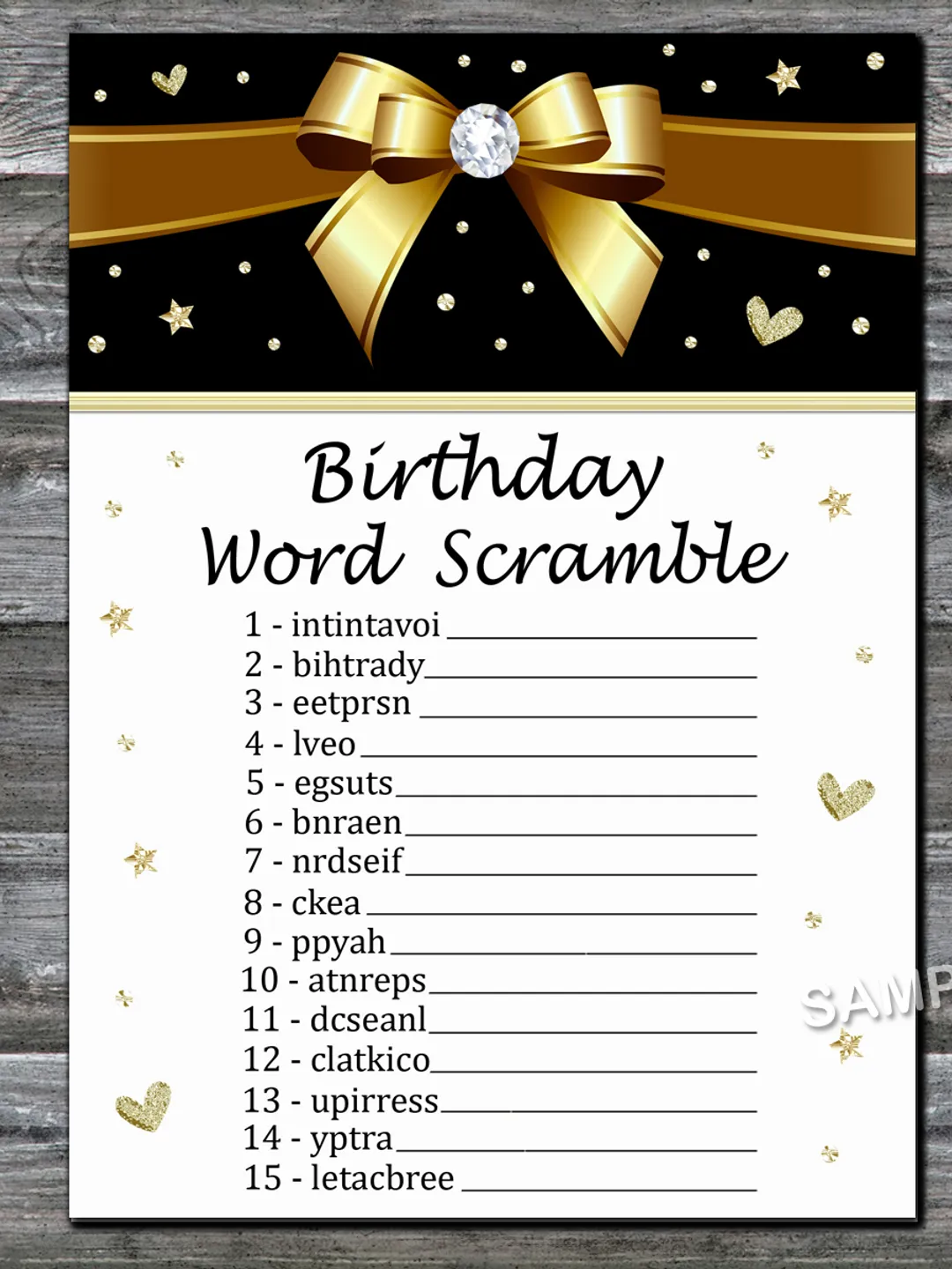 Golden bow Birthday Word Scramble Game,Adult Birthday party game-fun ...