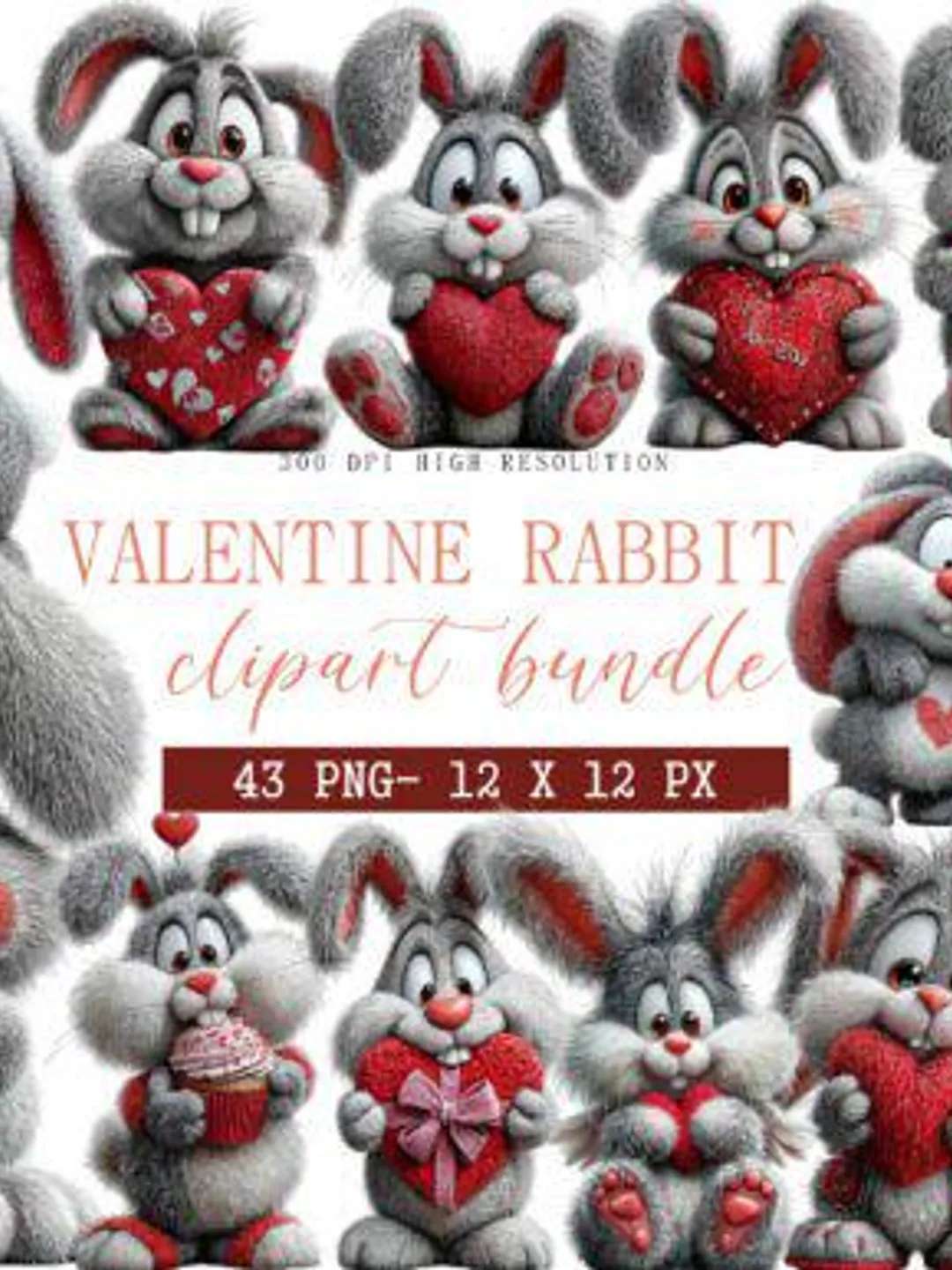 Valentine PNG Bundle Retro Watercolor Rabbit Clipart for Valentines Day ...
