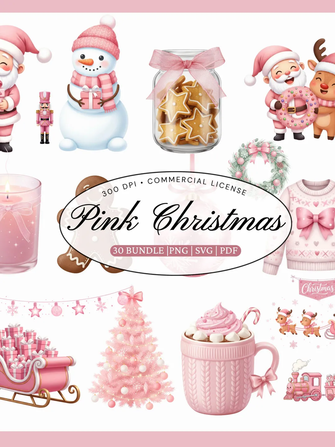 30 Pink Christmas Clipart Bundle Cute Santa Reindeer Snowman Png Svg ...