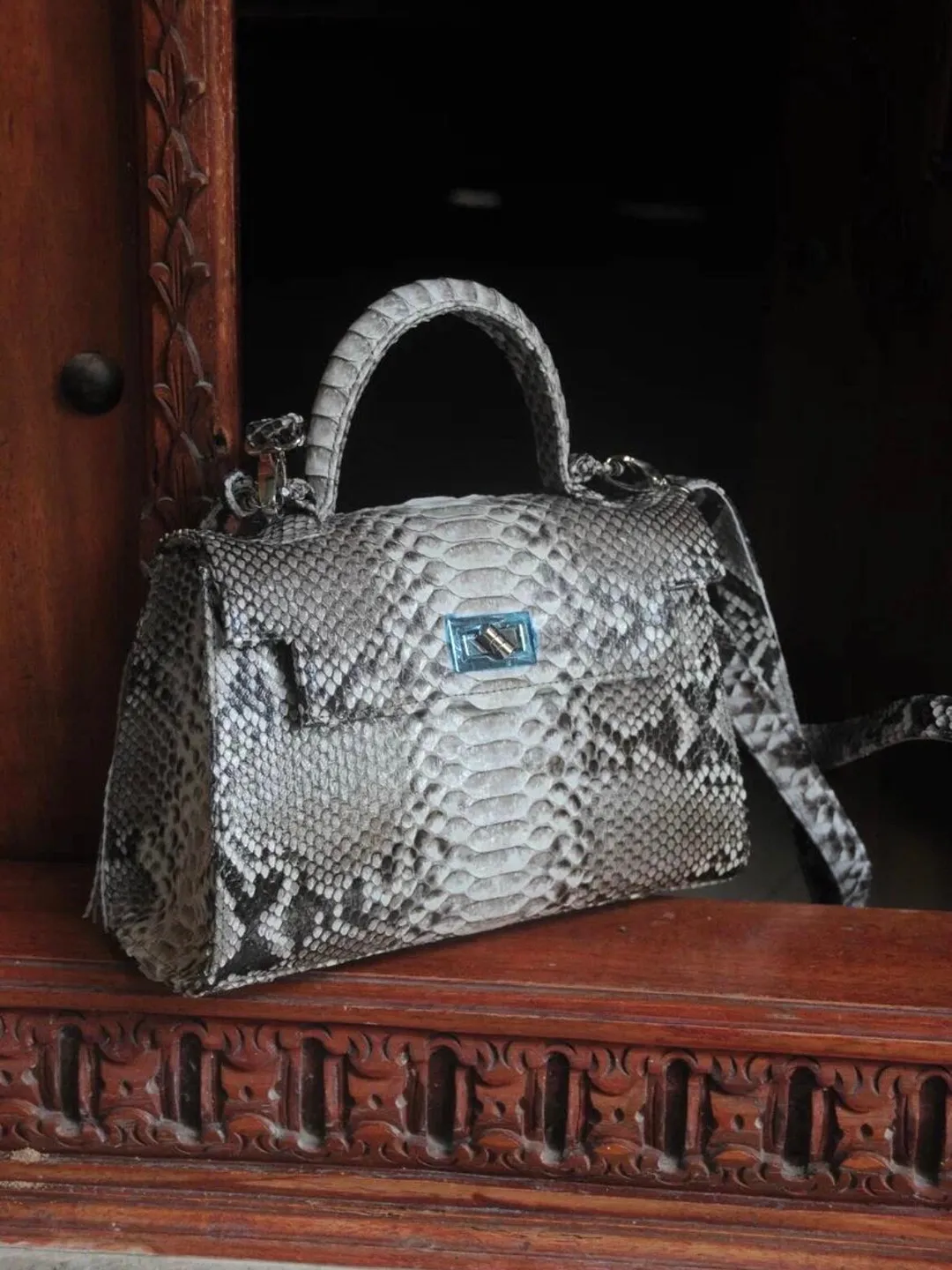 Top handle grey classy genuine python skin bag | exotic leather bags ...