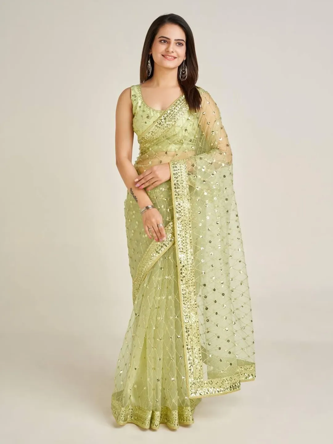 Designer Net Saree with Heavy Sequins & Dori Work Festive Party Wear ...