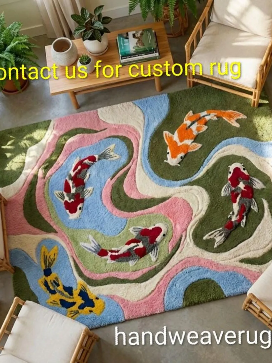 Hand Tufted Koi Fish Wool Rug, Modern Ivory Living Room Area Carpet