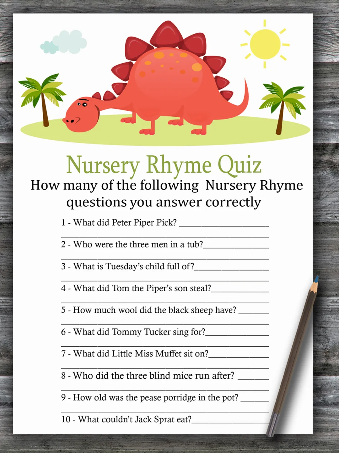 Red Dinosaur Nursery rhyme quiz baby shower game card,Dinosaur Baby ...