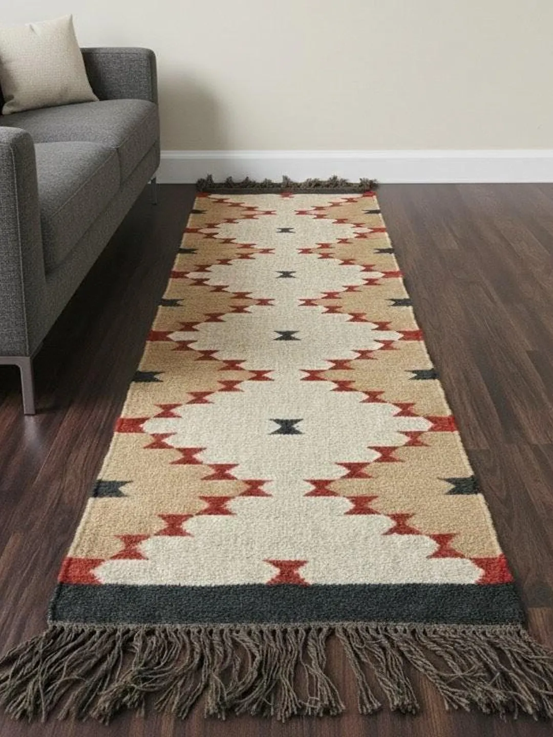 Handwoven Wool Jute Kilim Rug: Geometric Indian Dhurrie