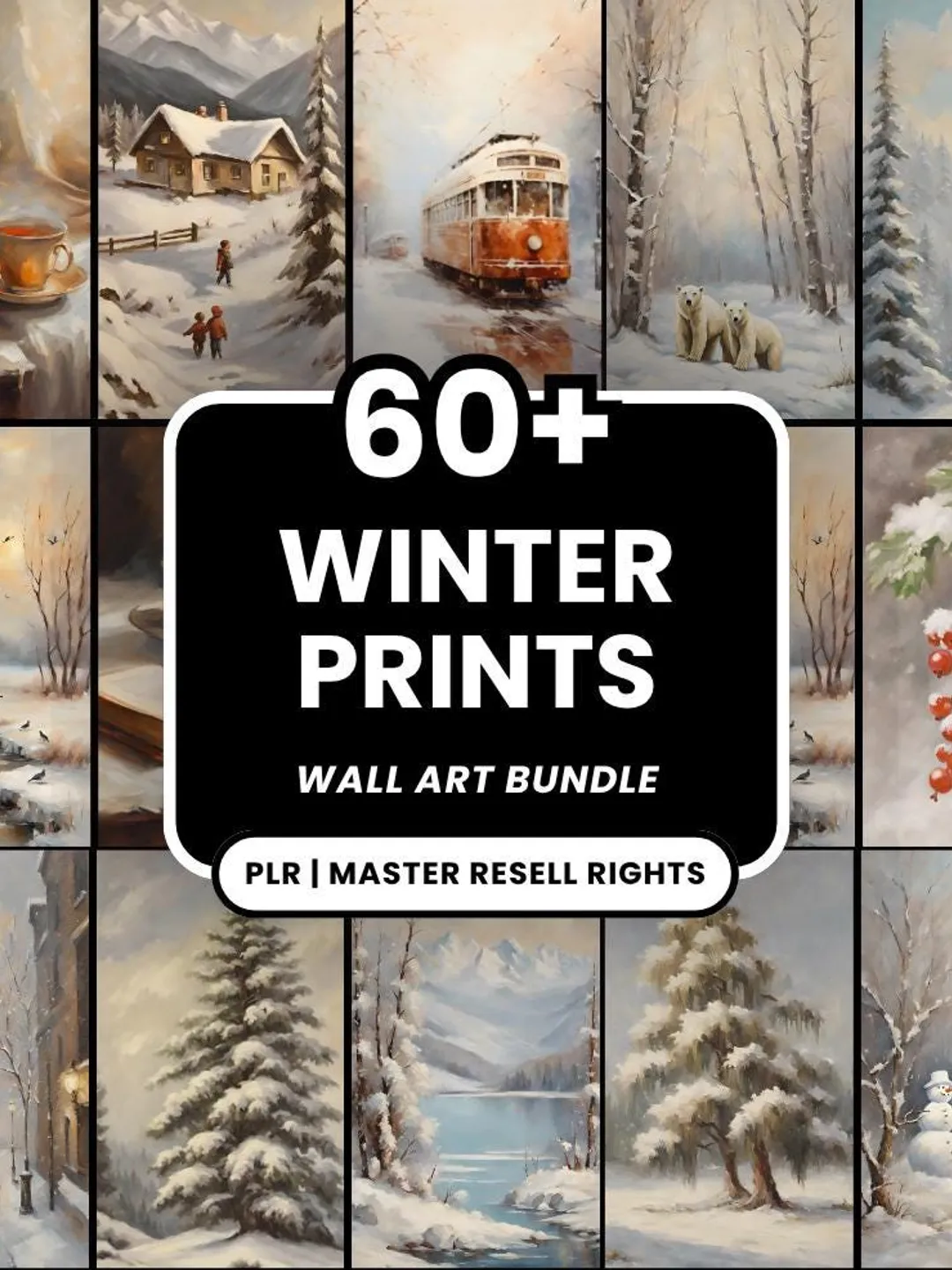 60 Winter Landscape Prints Bundle, Vintage Cabin Wall Art (Digital ...