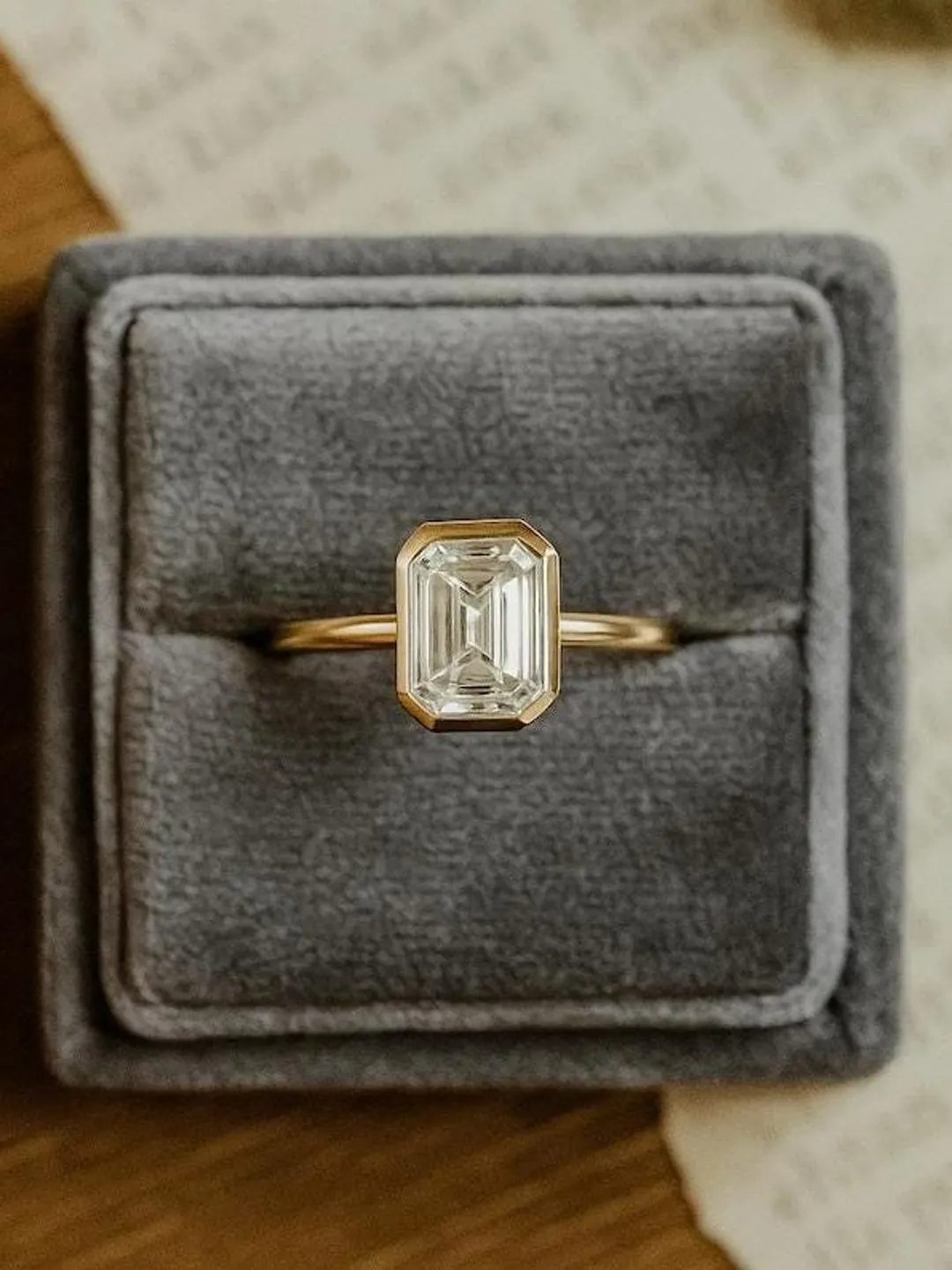 Emerald Cut Moissanite Bezel Set Ring / Single Diamond Solitaire ...
