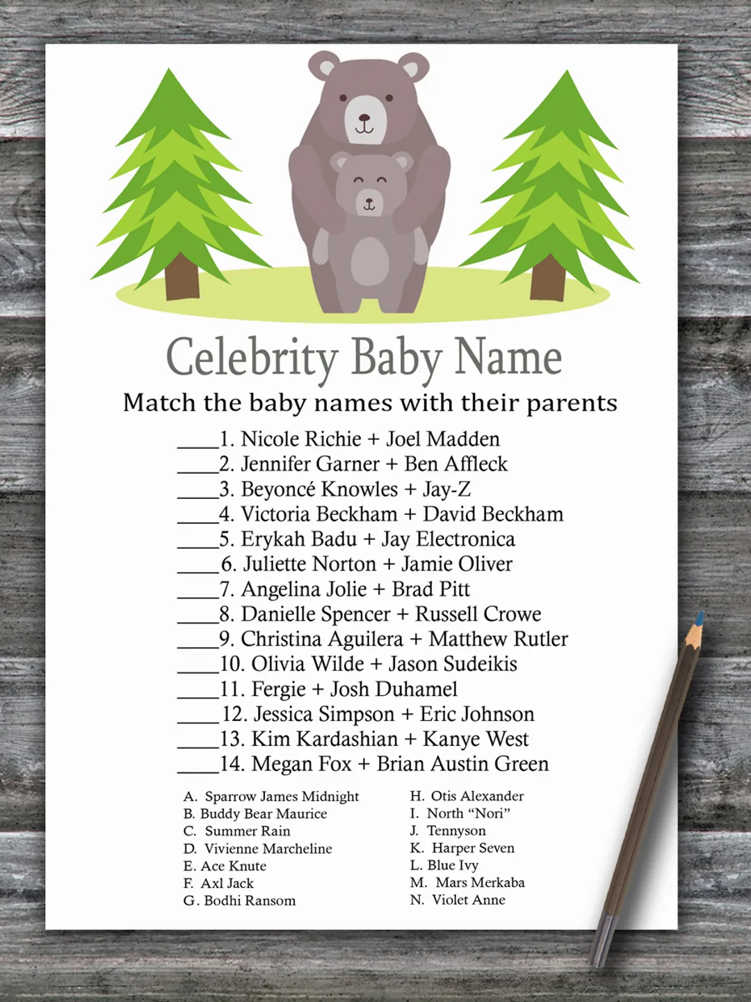 Bear Celebrity baby name game card,Woodland Baby shower games printable ...