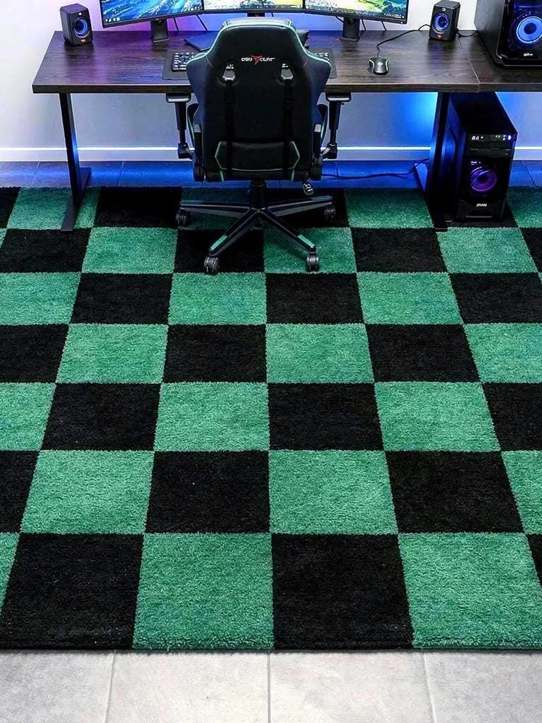 Hand-Tufted Wool Checkerboard Rug, Emerald Green and Black