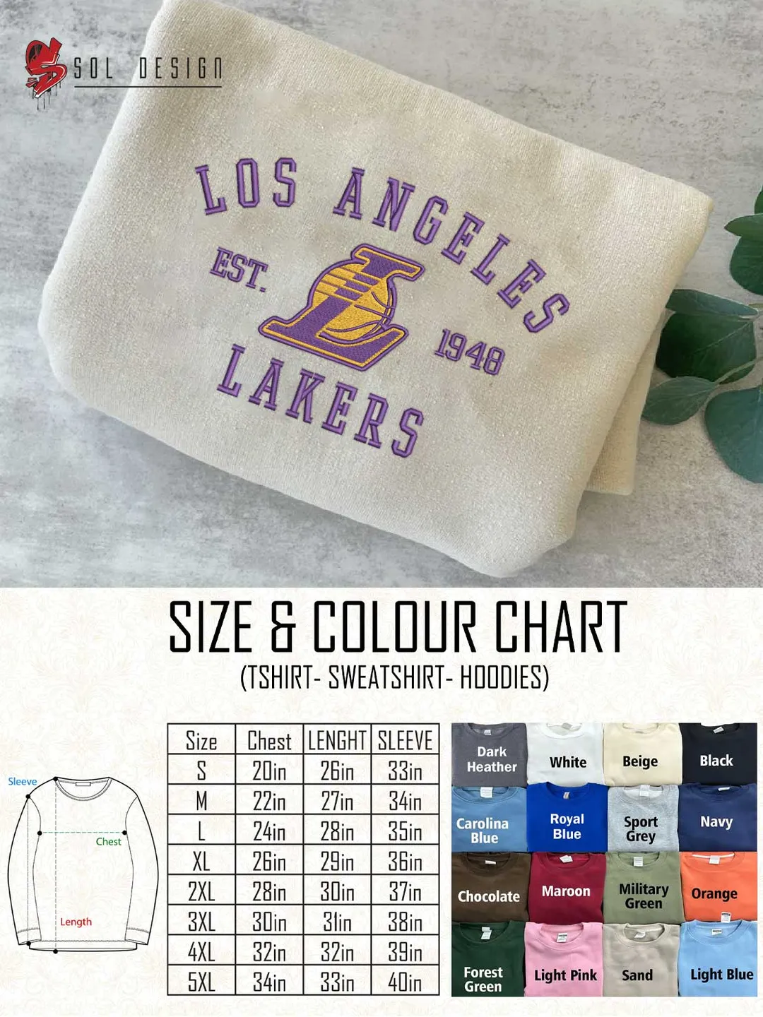 Los Angeles Lakers Est 1948 Embroidered Sweatshirt, NBA Team ...