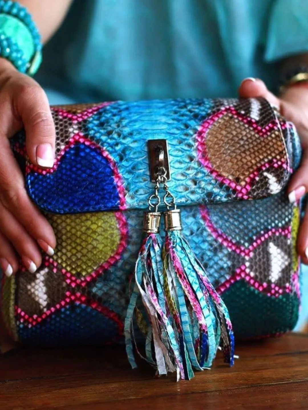 Genuine python skin crossbody multicolor turquise tassel women bag ...