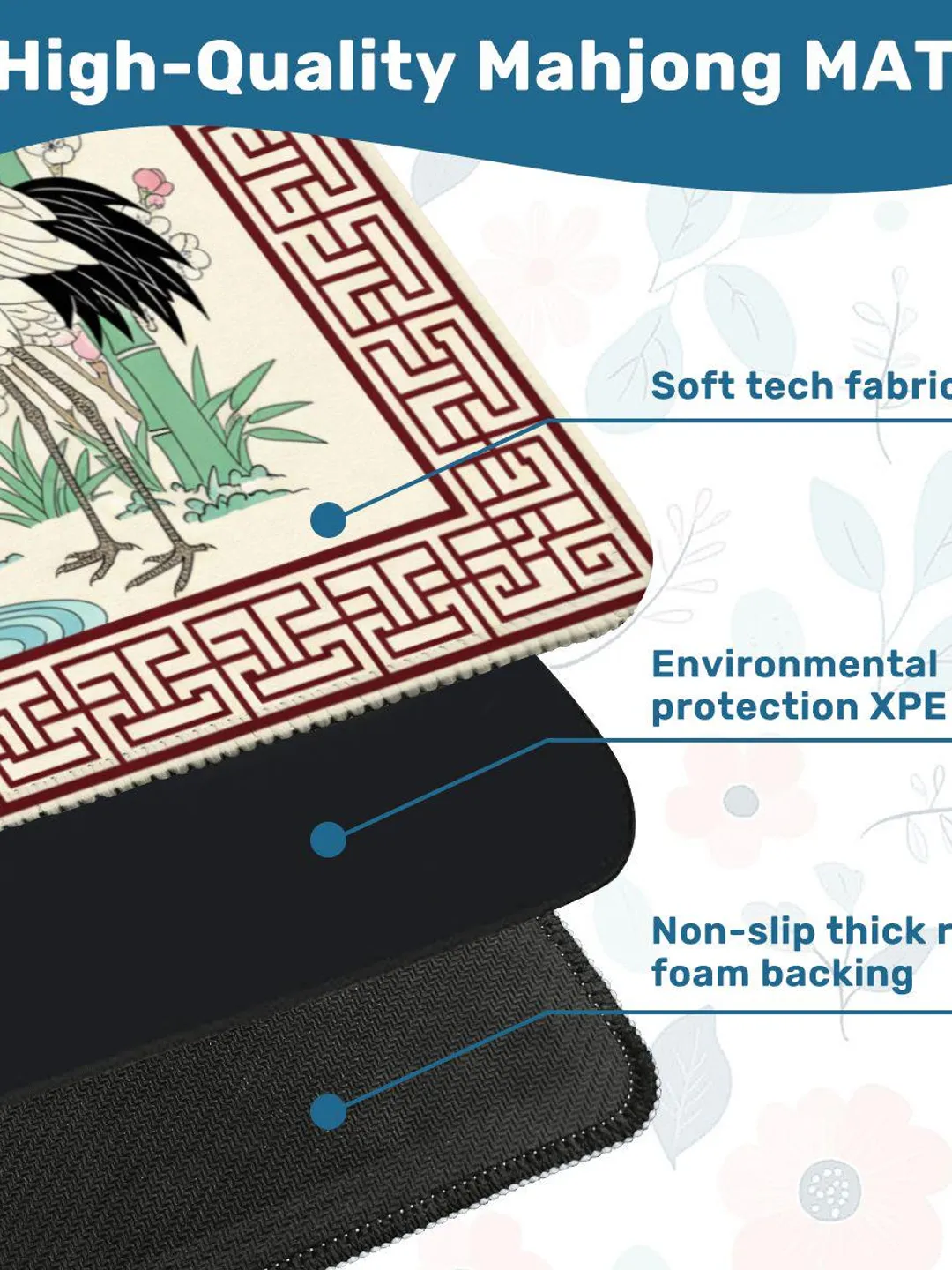 Crane Mahjong Playing Mat with Storage Bag, Cherry Blossom Bamboo ...
