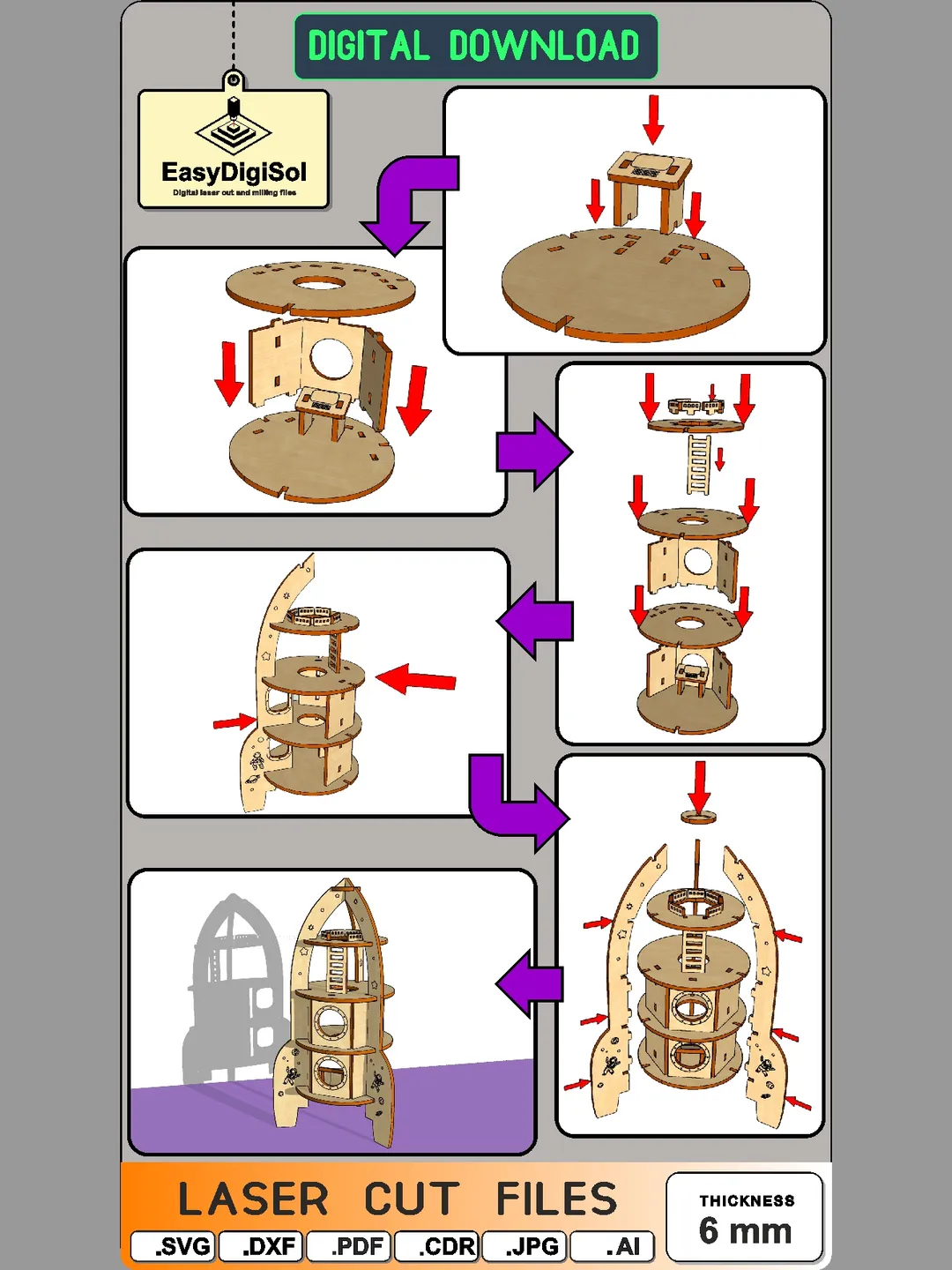 DIY Wooden Rocket Kit for Laser Cutting Laser Cut Files Glowforge SVG DXF