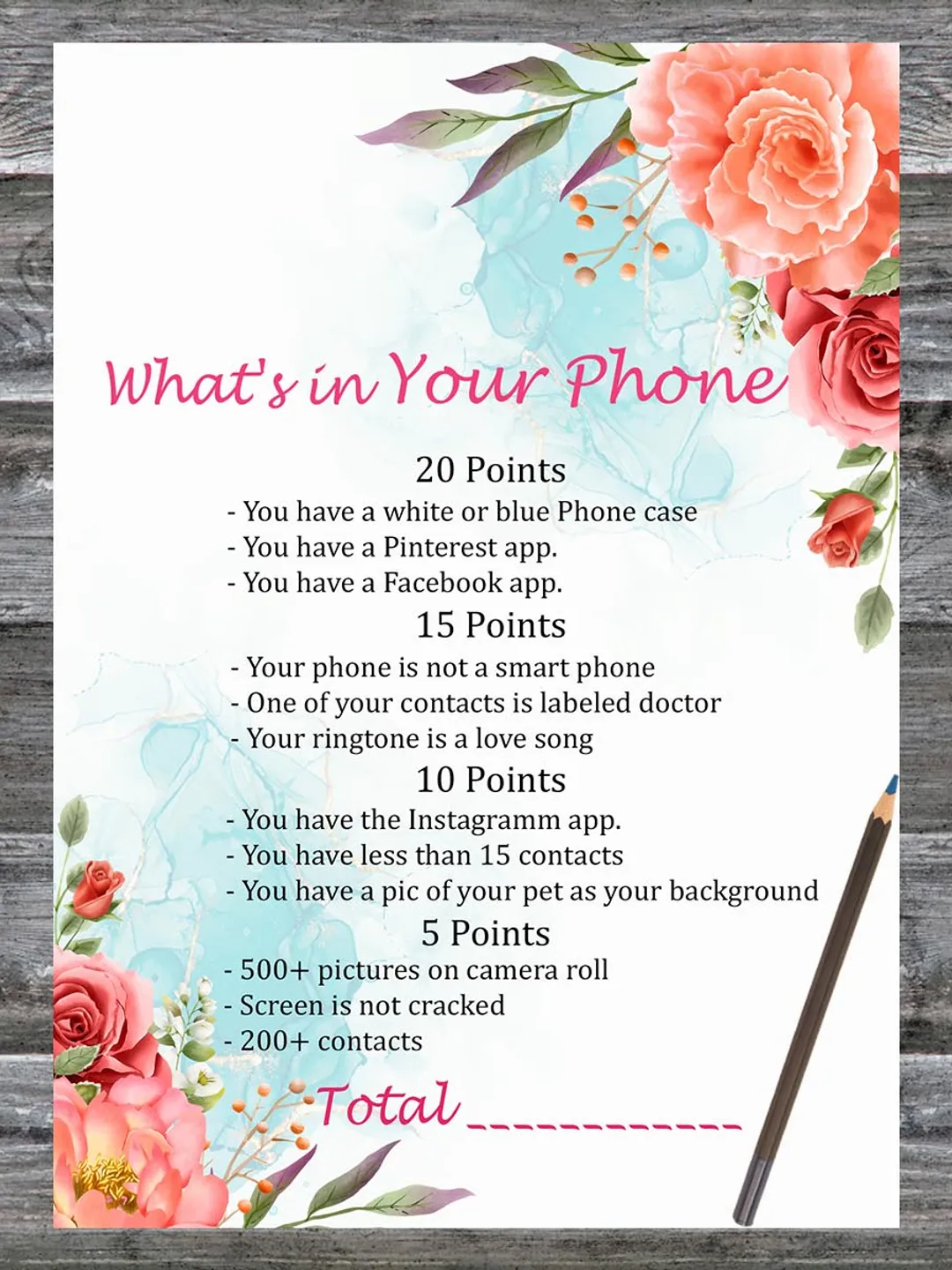 Red Rose Birthday Game What's in Your Phone Birthday Party Game,Adult ...