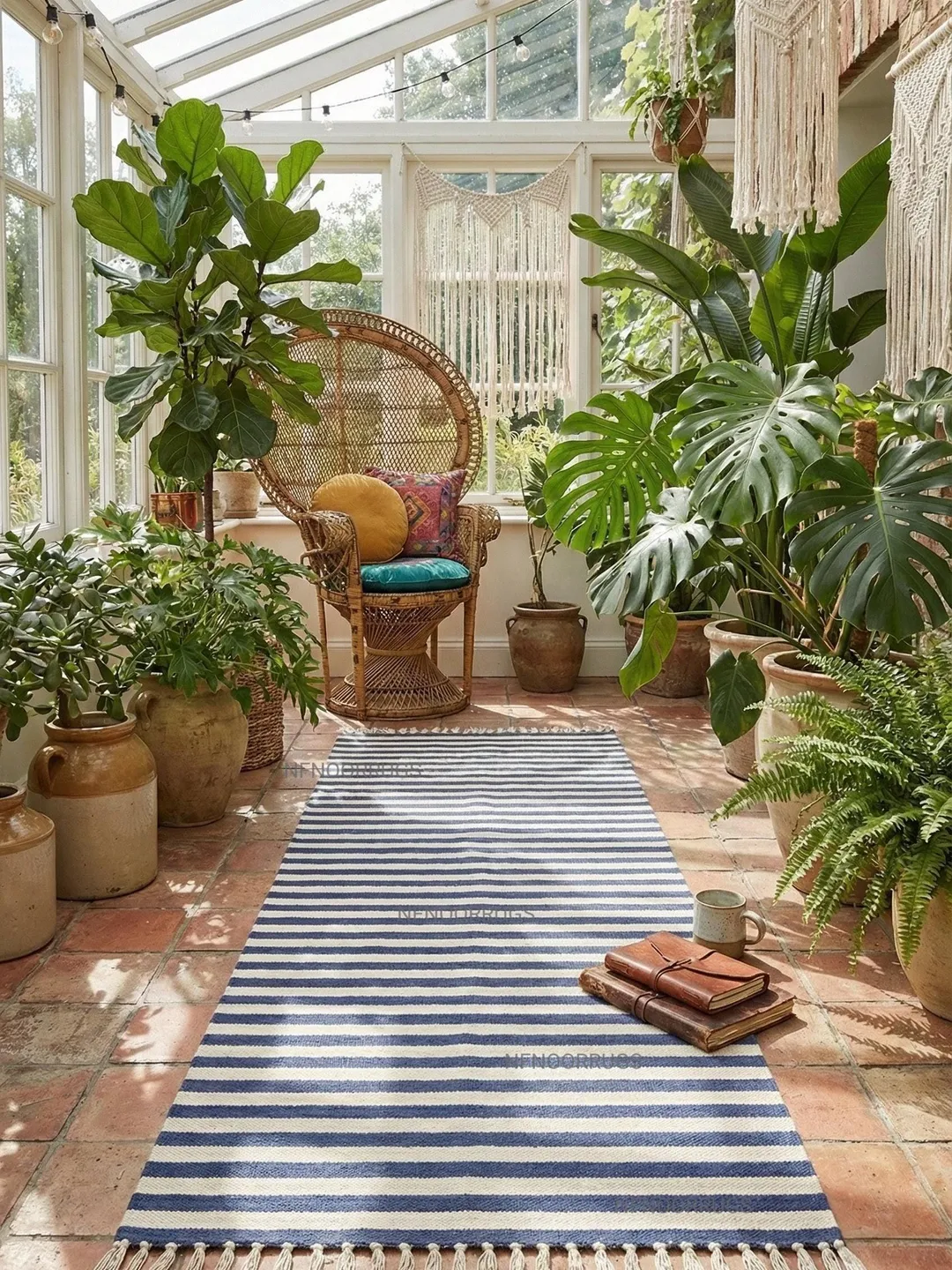 Boho Blue Stripe Runner Rug | Handwoven Wool & Cotton Flatweave ...