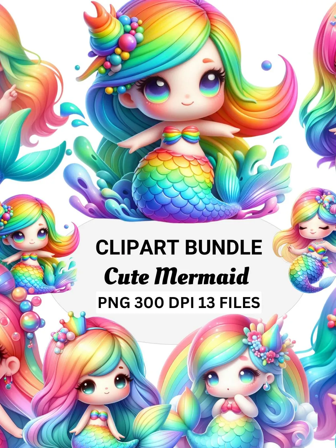 Rainbow Mermaid Clipart Bundle: Watercolor Fairy Tale PNGs