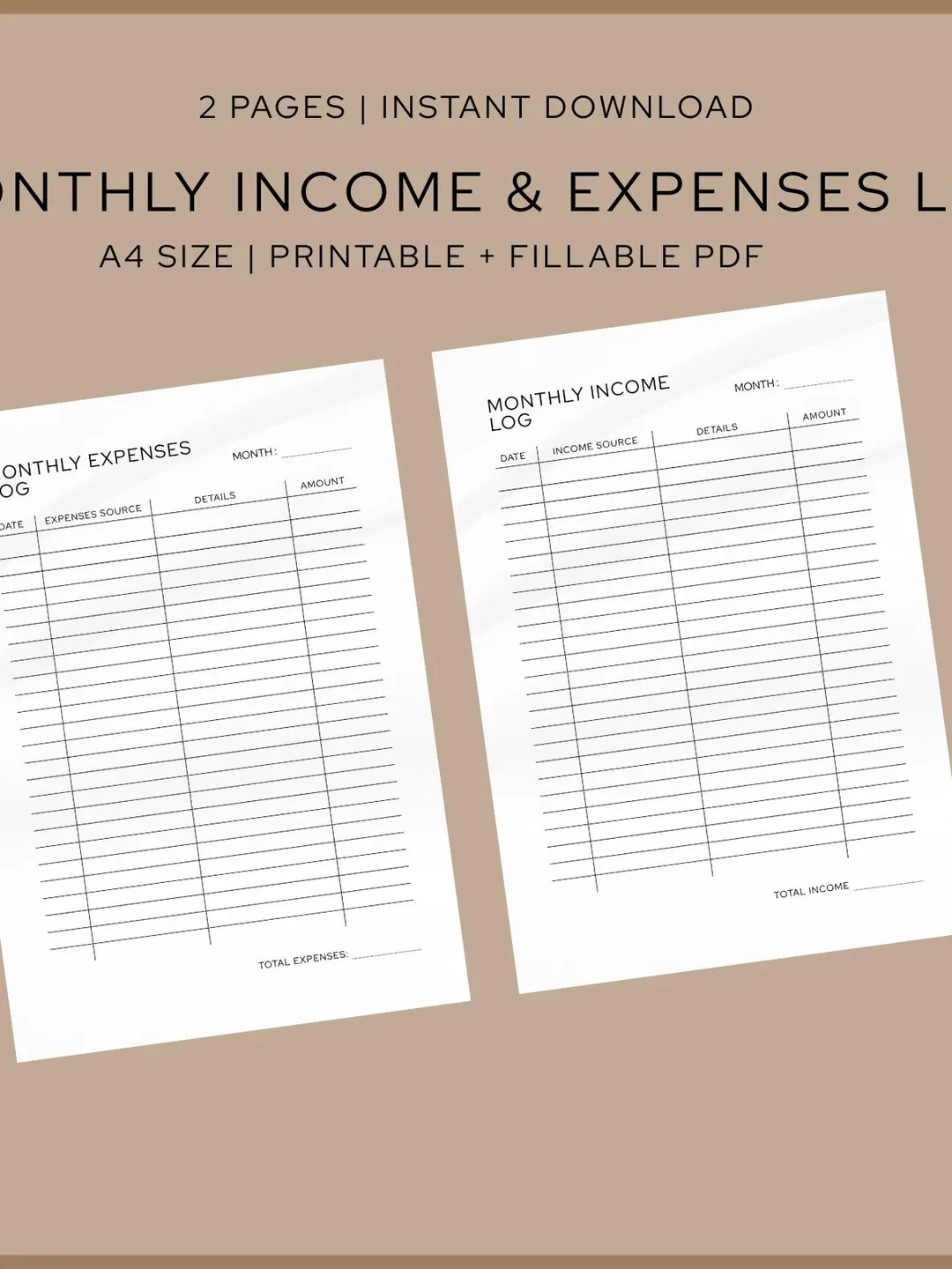 Monthly Income Expenses Log, Finance Organizer, Bill Tracker (A4 PDF ...