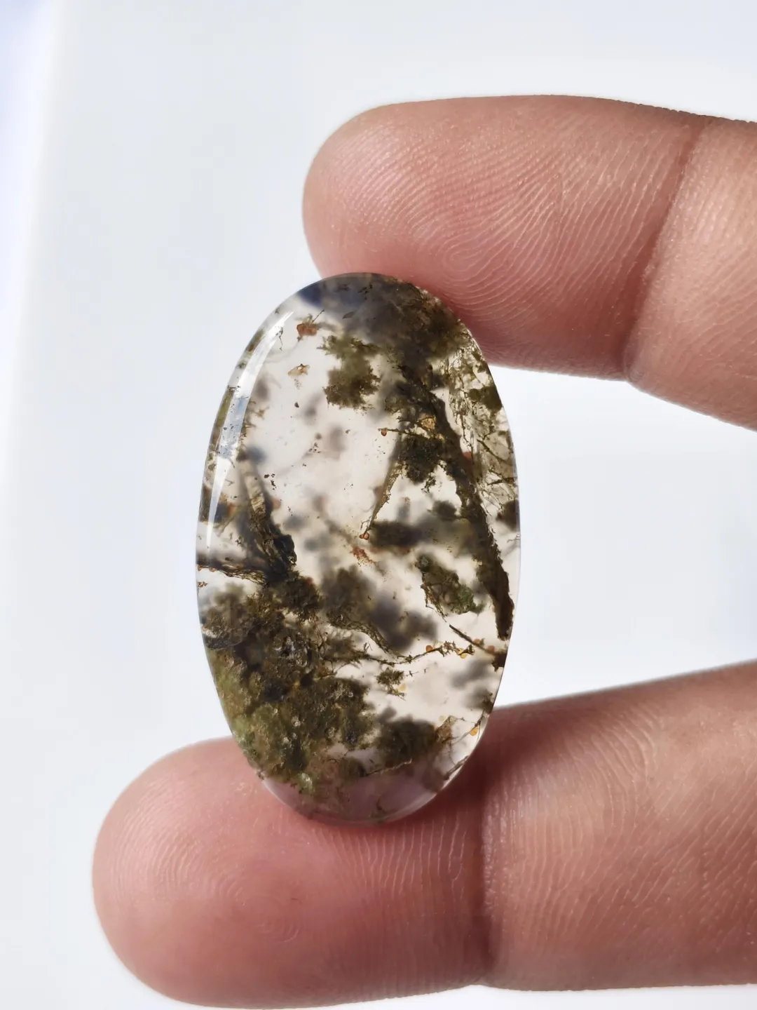 Oval Moss Agate Cabochon: Handmade Gemstone for Jewelry (20x42x4 mm) #12451