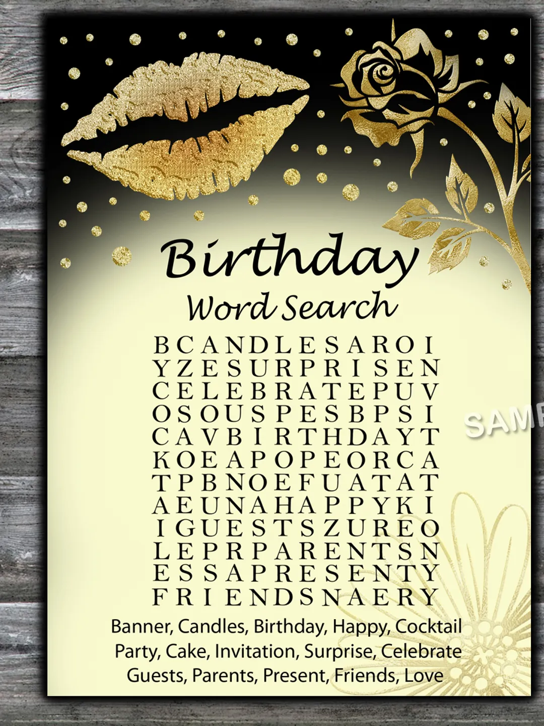 Gold Glitter Lips Birthday Word Search Game,Adult Birthday party game ...