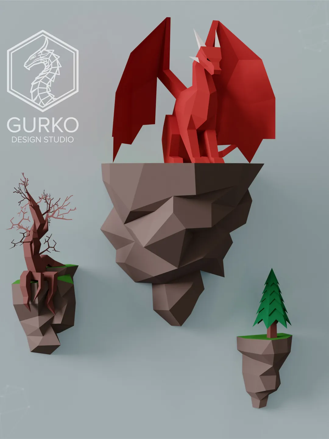 Papercraft Flying Island. Seated Dragon, Digital Template, PDF Download ...