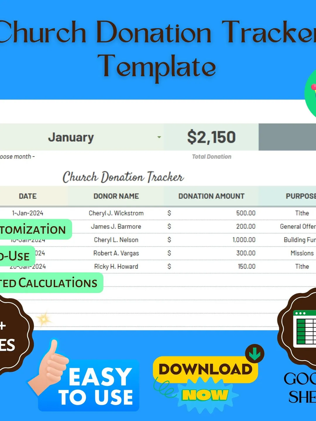 Church Donation Tracker Template, Editable Google Sheets, Tithes and ...