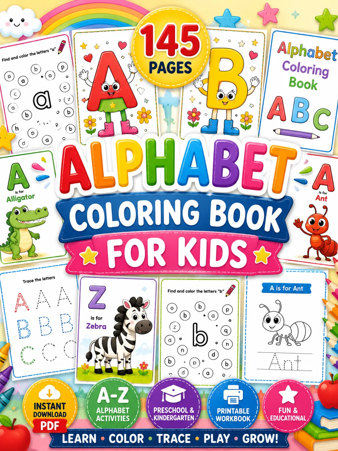 Alphabet Coloring Book for Kids | 145 Printable ABC Worksheets ...