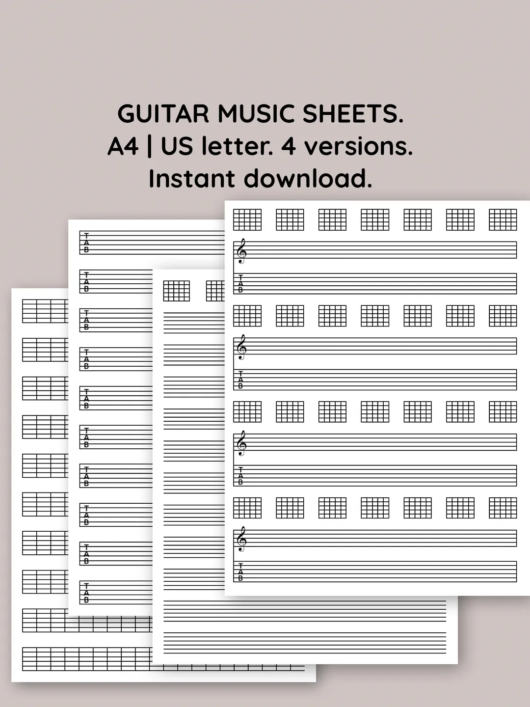 Set of guitar music sheet. Printable guitar tab paper. Blank guitar tab ...