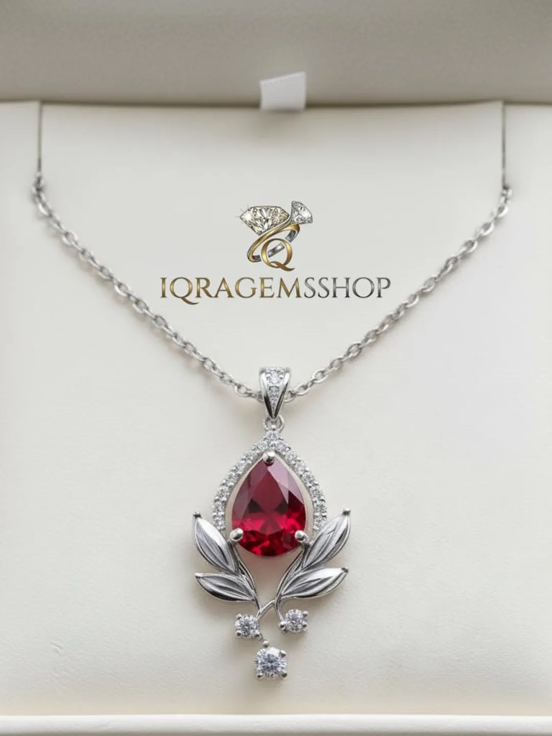 Pear Cut Ruby Gemstone Pendant Necklace: 925 Sterling Silver, CZ Accents
