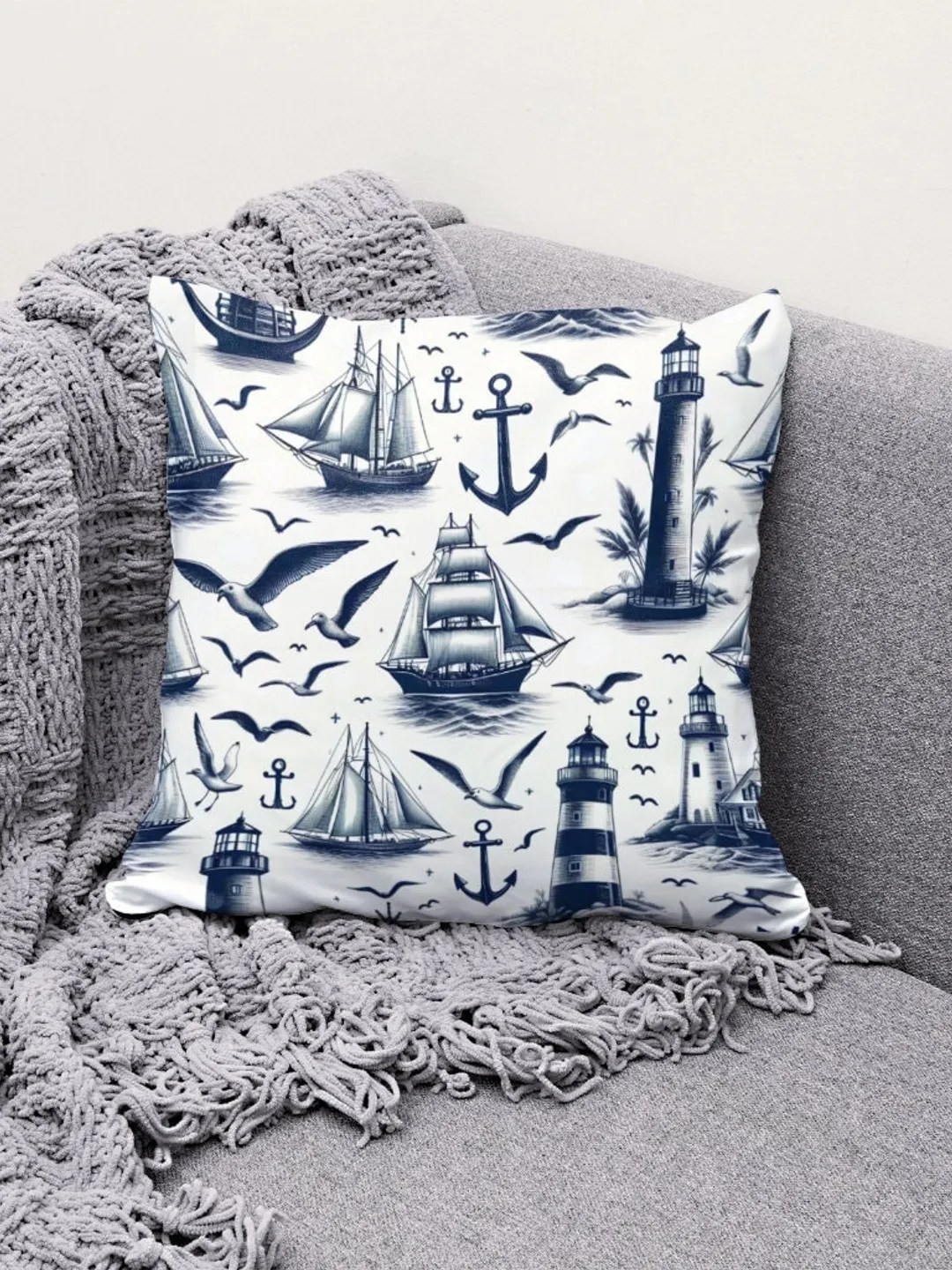 Nautical Throw Pillow Coastal Home Decor Square Navy Blue & White Toile ...