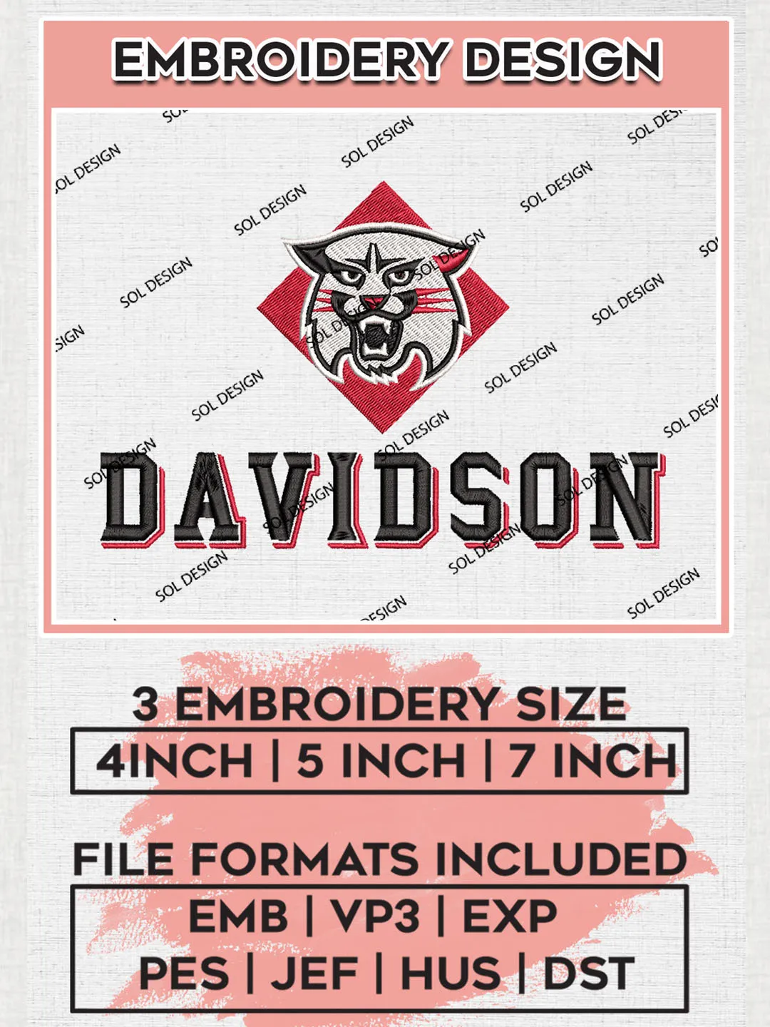 NCAA Davidson Team Logo Embroidery Design Files, NCAA Davidson Wildcats ...