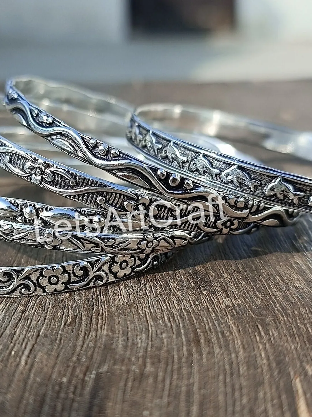 Handmade Sterling Silver Bangle Set: Adjustable Boho Hippie Bangles