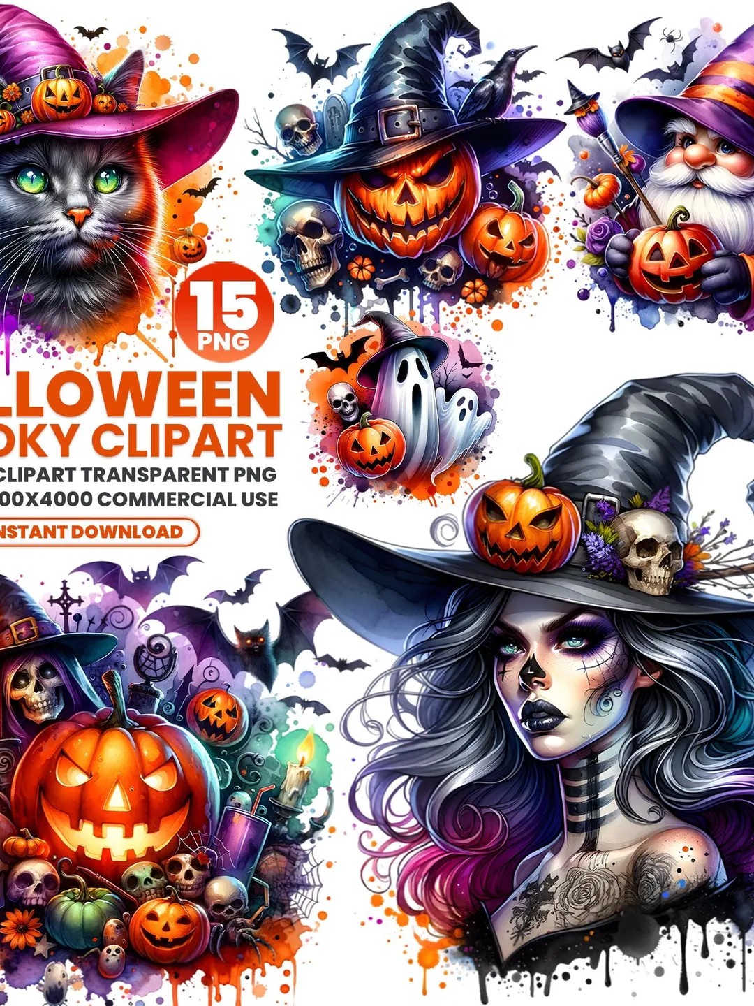 Watercolor Halloween Clipart PNG Bundle, Spooky Witch, Pumpkin ...