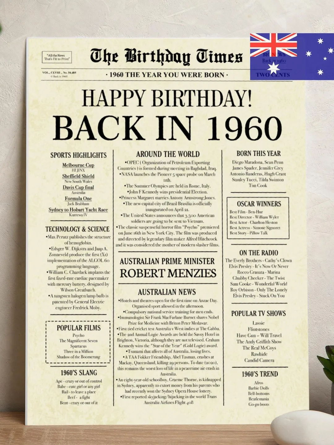 65th Birthday Newspaper Poster, Born in 1960, Back in 1960 Australia ...