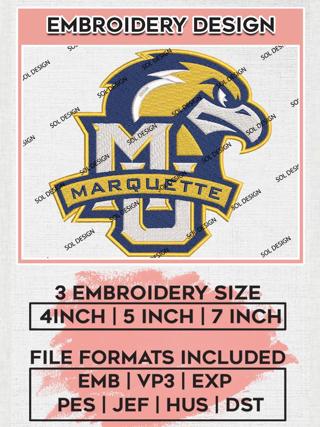 MU Marquette College Team Logo Embroidery Design Files, NCAA Marquette ...