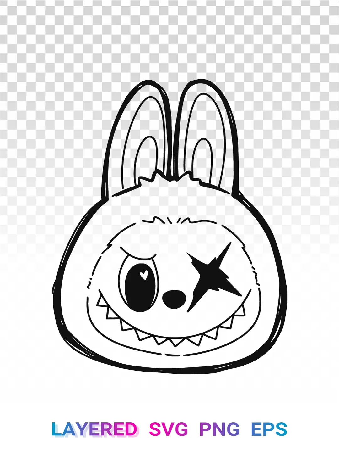 Outline Labubu PNG, Black White Layered SVG, Star ⭐ Eye Labubu Cricut