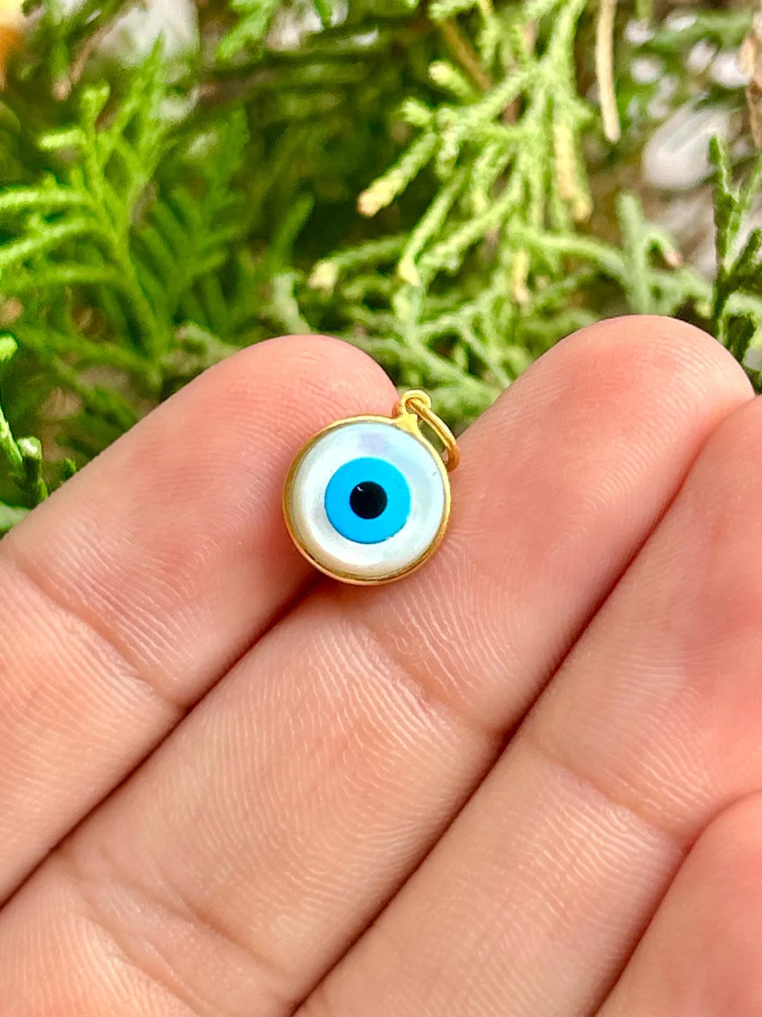 Mother of Pearl Evil Eye Round Pendant 18K 14K Silver Solid Gold Bezel ...