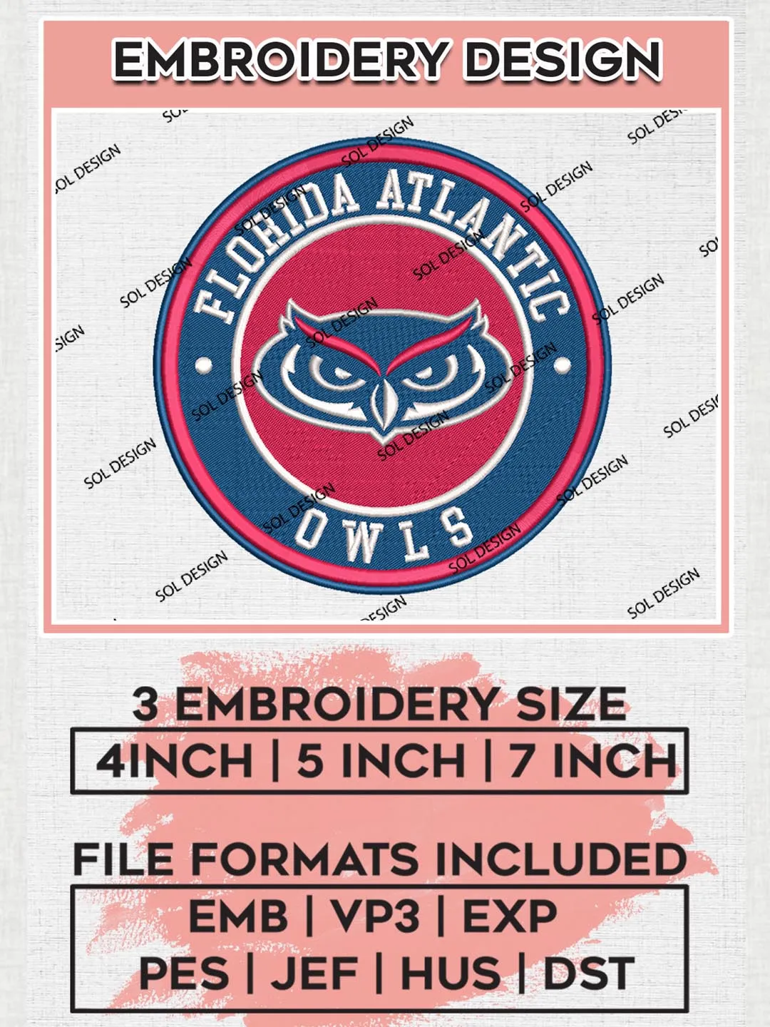 NCAA Florida Atlantic Owls Round Logo Embroidery, NCAA Florida Atlantic ...