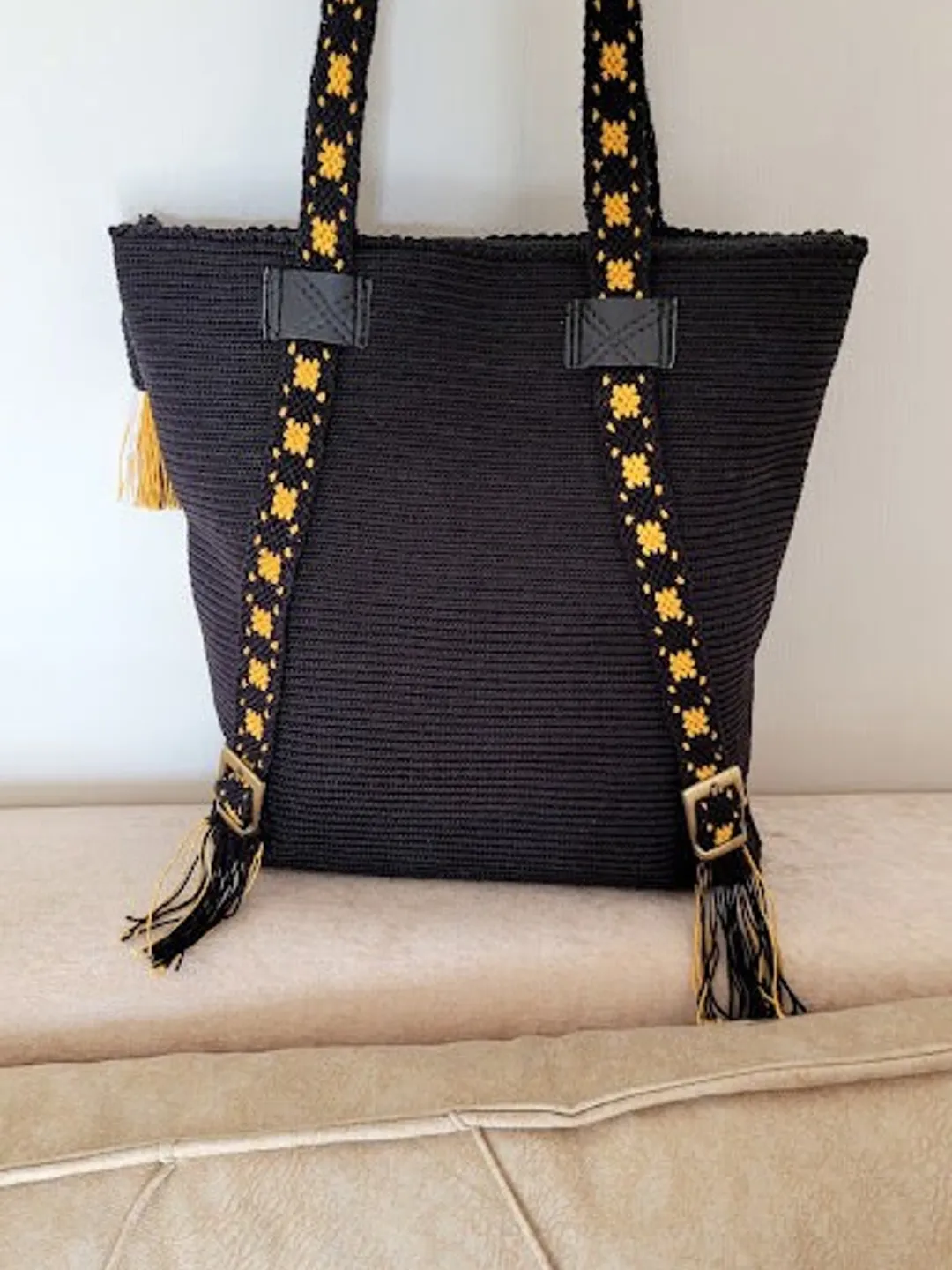 Crochet black yellow purse Art to wear purse Yellow crochet portrait ...
