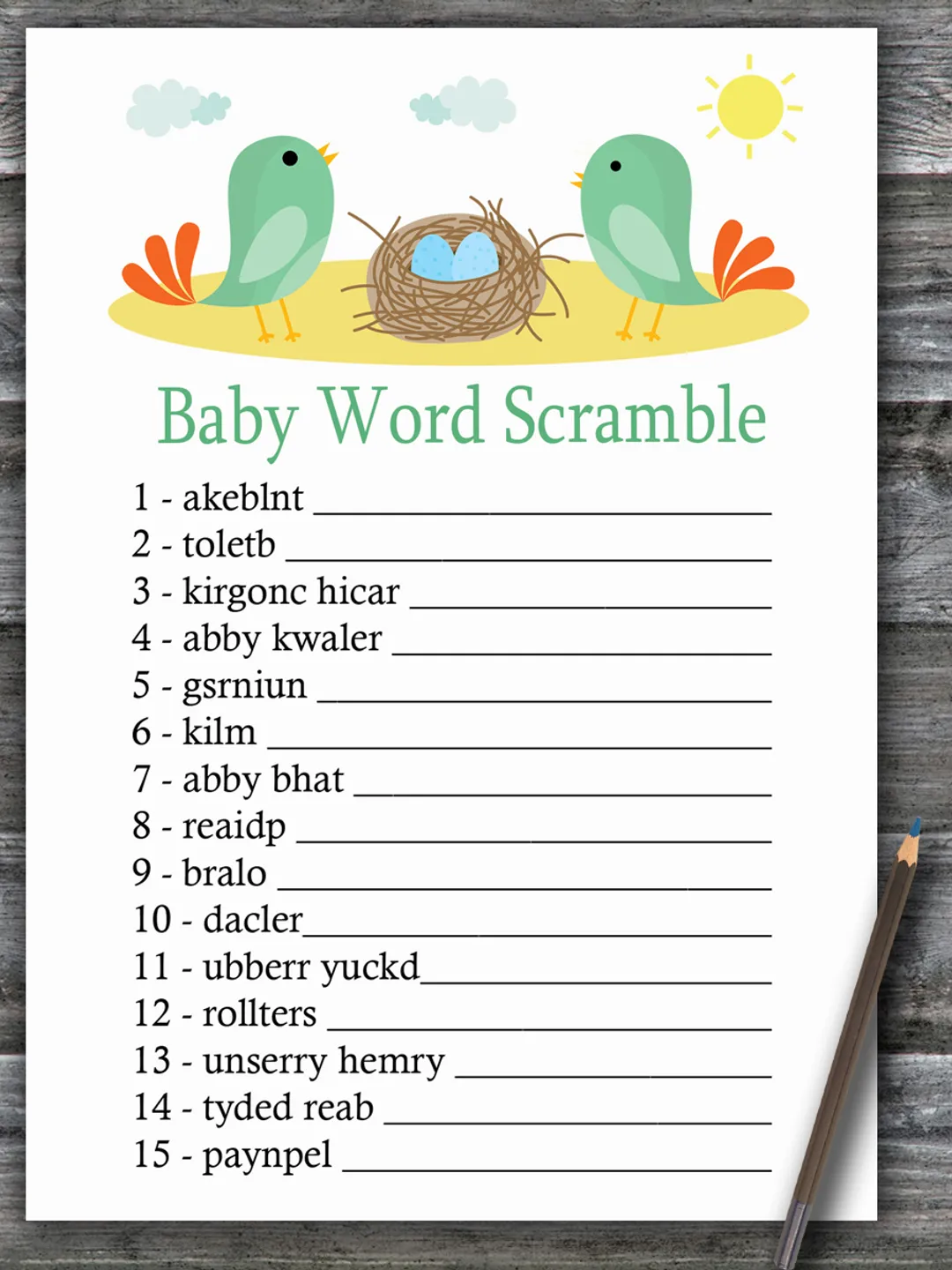 Birds Baby word scramble game card,Birds and nest Baby shower games ...